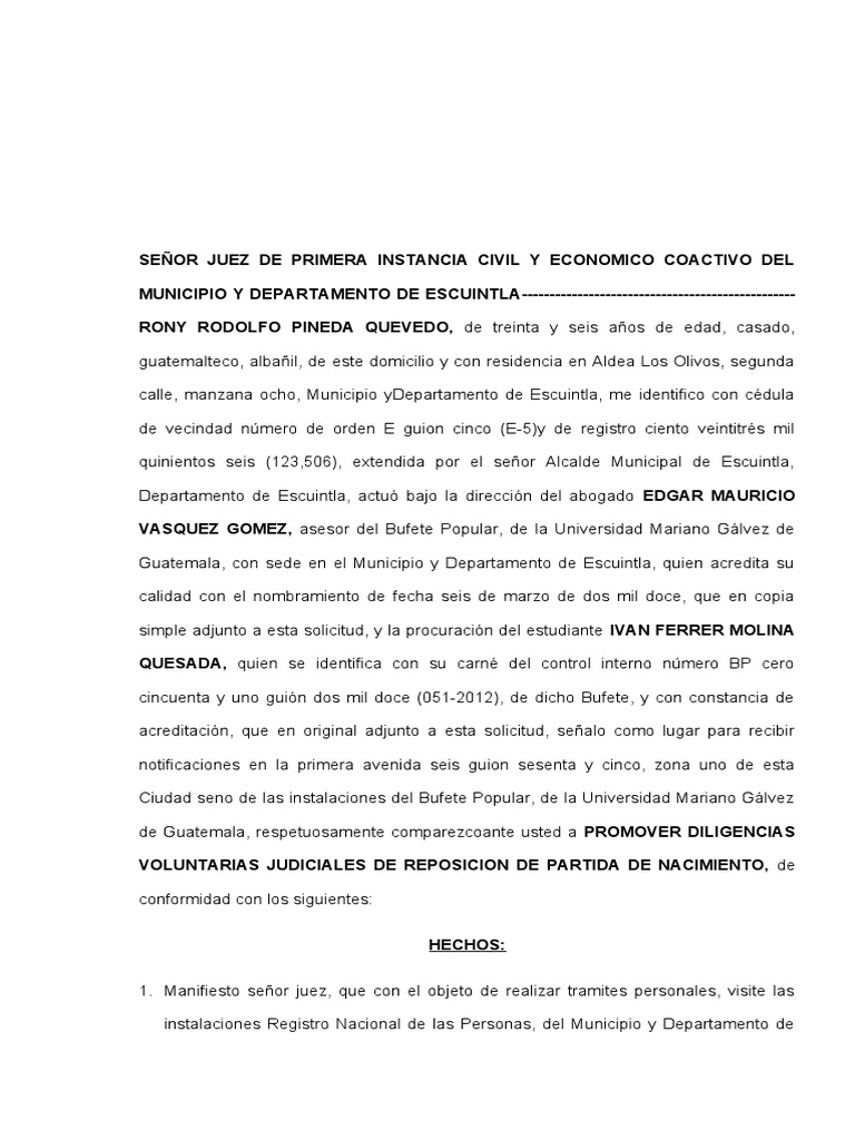 Memorial de Reposicion de Partida de Nacimiento de RONY RODOLFO PINEDA ...