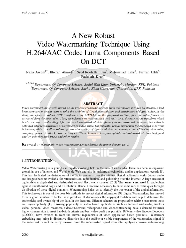 DCT Based Video Watermarking in MATLAB PDF | PDF | Data Compression | Codec