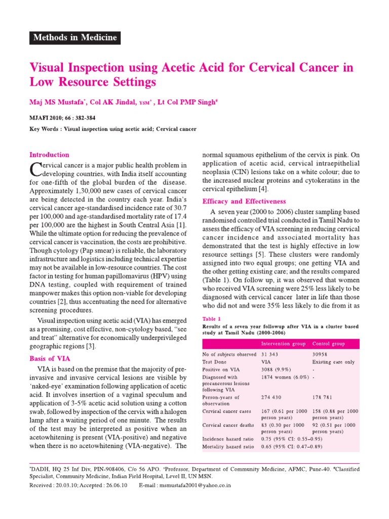 Visual Inspection Using Acetic Acid For Cervical Cancer in Low Resource ...