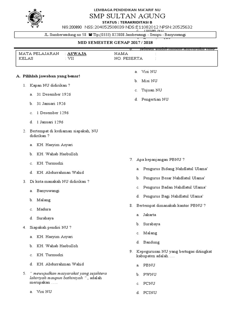 Soal Mid Sem - Genap Aswaja Kelas 7 2018 | PDF