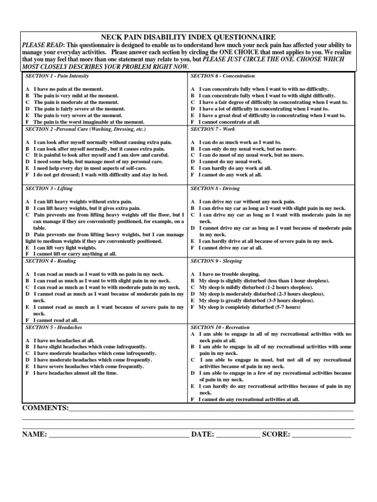 Neck Pain Disability Questionnaire | Download Free PDF | Headache | Pain