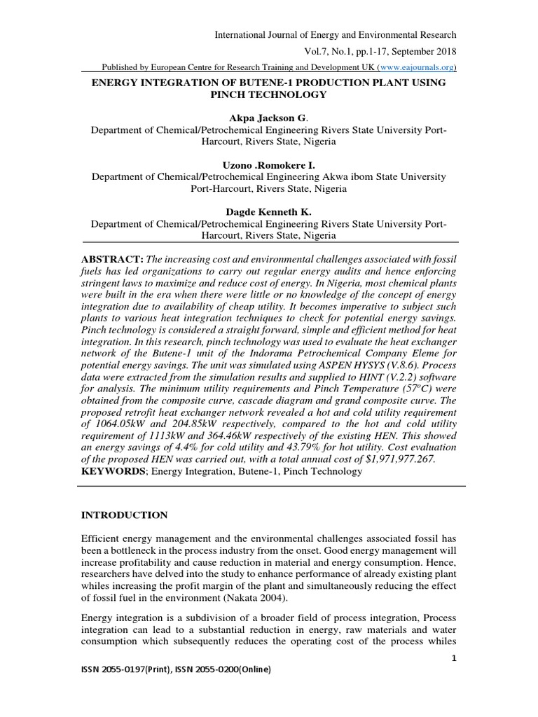 Energy Integration of Butene 1 Production Plant Using Pinch Technology ...