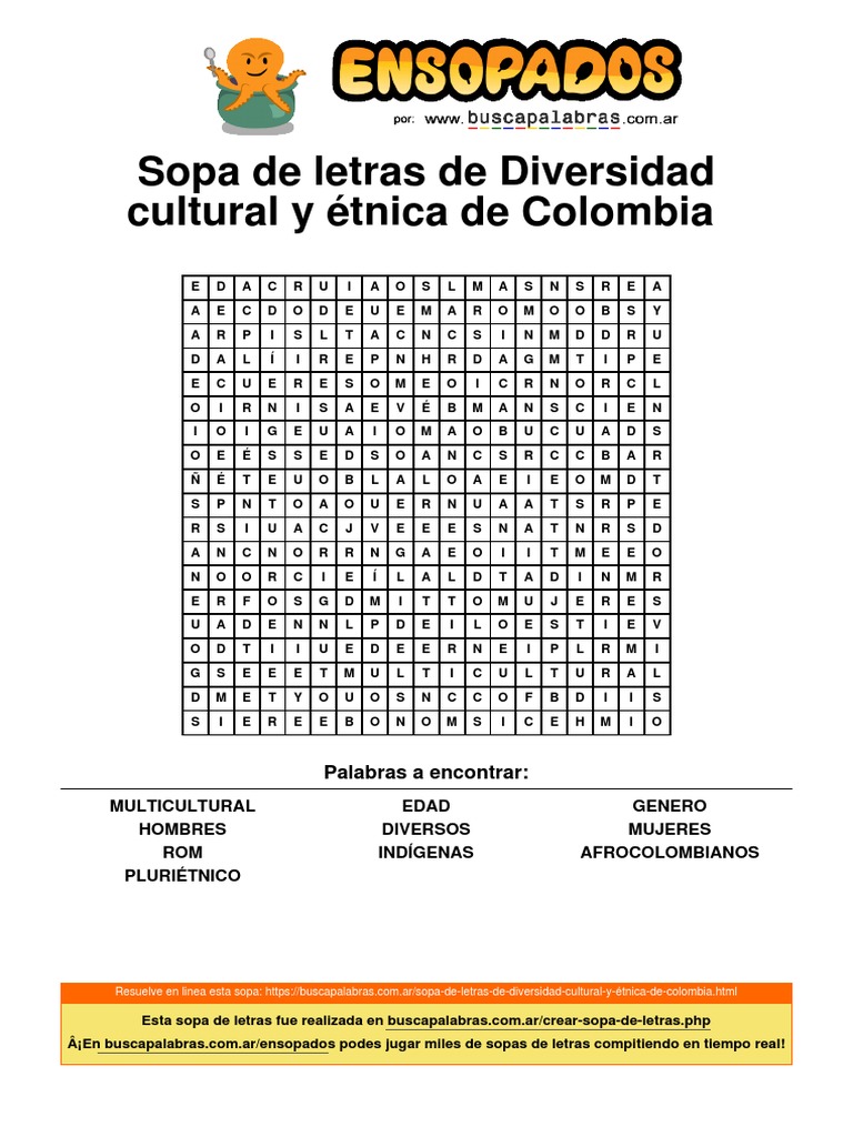 Sopa de Letras de Diversidad Cultural y Étnica de Colombia | PDF ...