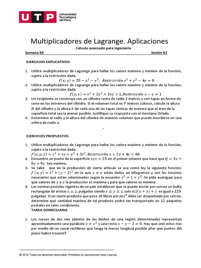 S - Sem03 - Ses12 - Multiplicadores de Lagrange-1 | Descargar gratis PDF | Geometría | Análisis ...