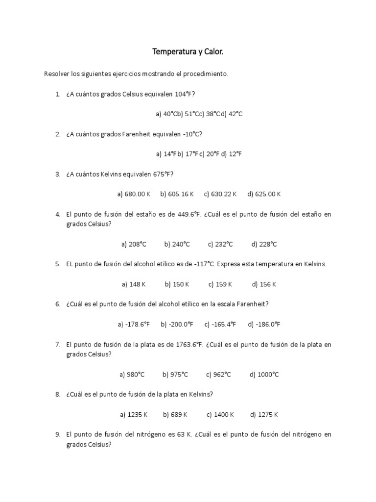 Ejercicios. Temperatura y Calor | PDF