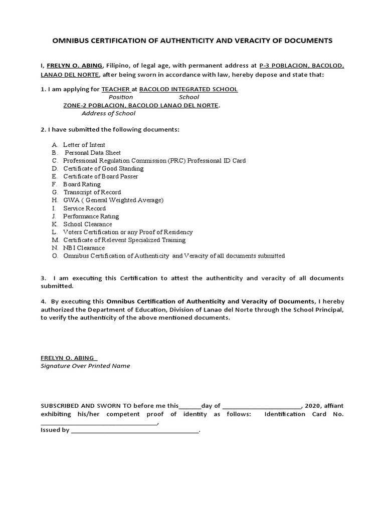 Omnibus Certification of Authenticity and Veracity of Documents Final ...