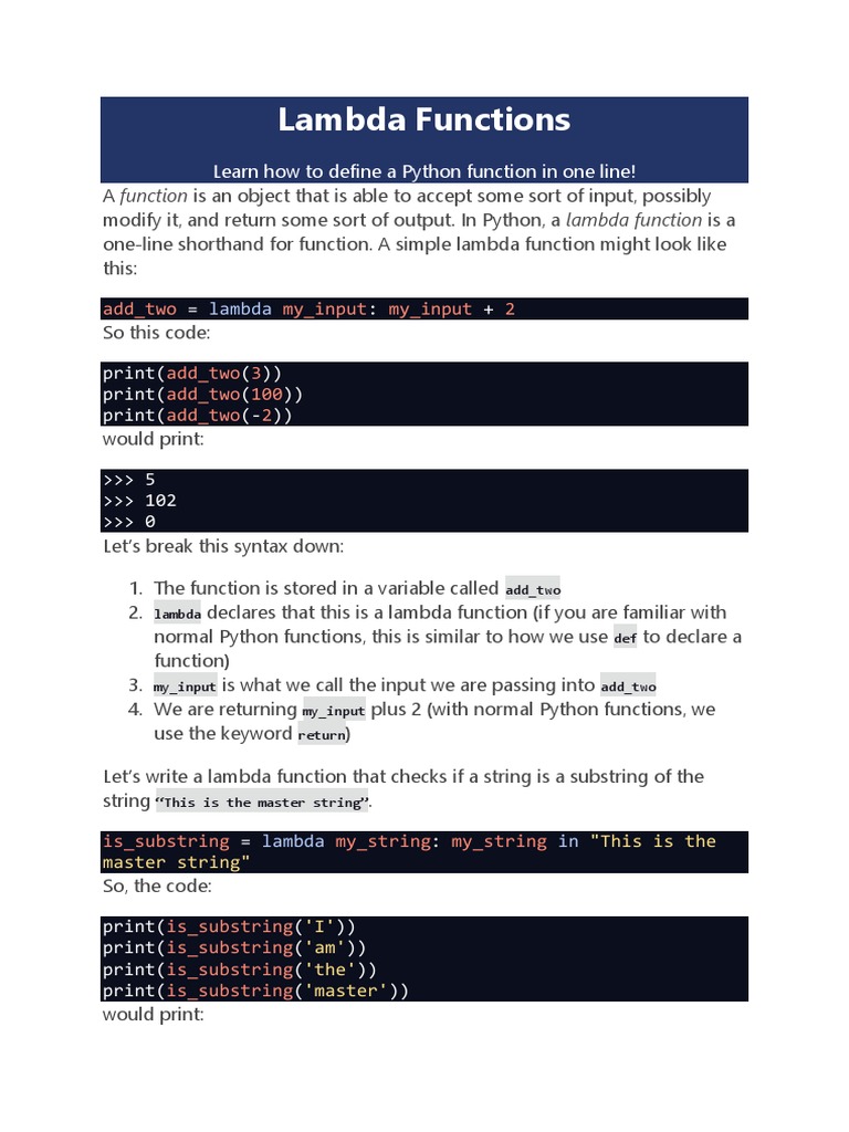 Lambda Functions For Python 3 | PDF | Anonymous Function | Function ... Lambda Functions For Python 3 | PDF | Anonymous Function | Function ...