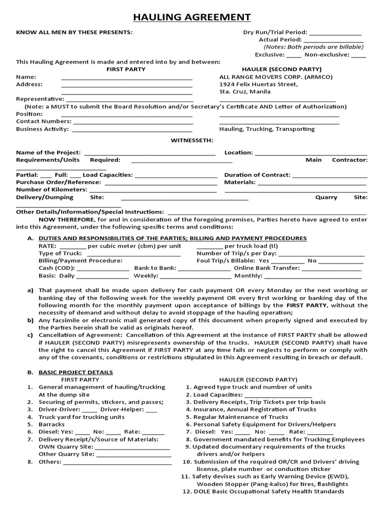 Armco - Simplified One-Page Hauling Agreement Template 2019 | PDF ...