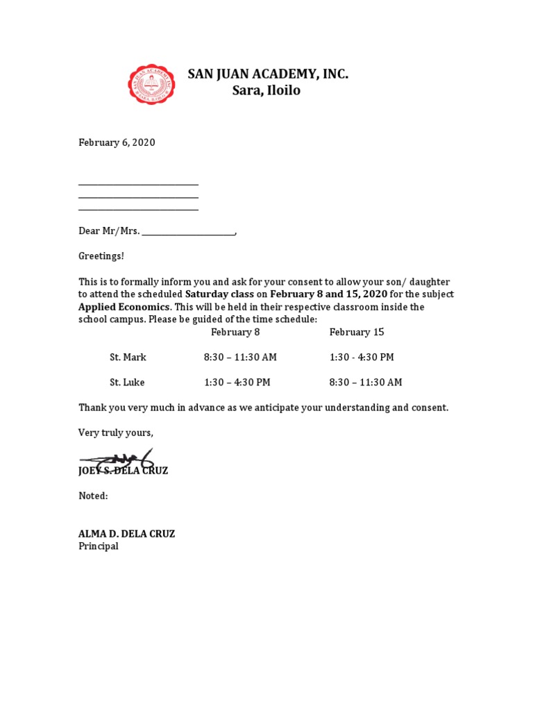 Saturday Class Notification Letter | PDF