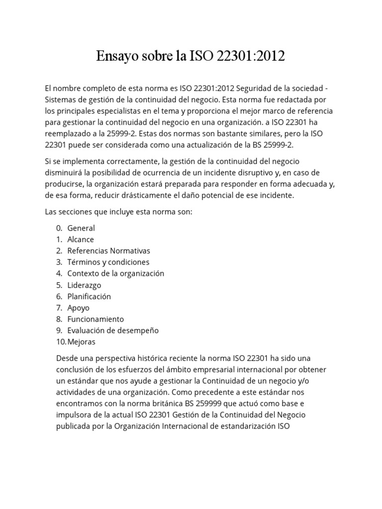 Ensayo Sobre La ISO 22301 | PDF
