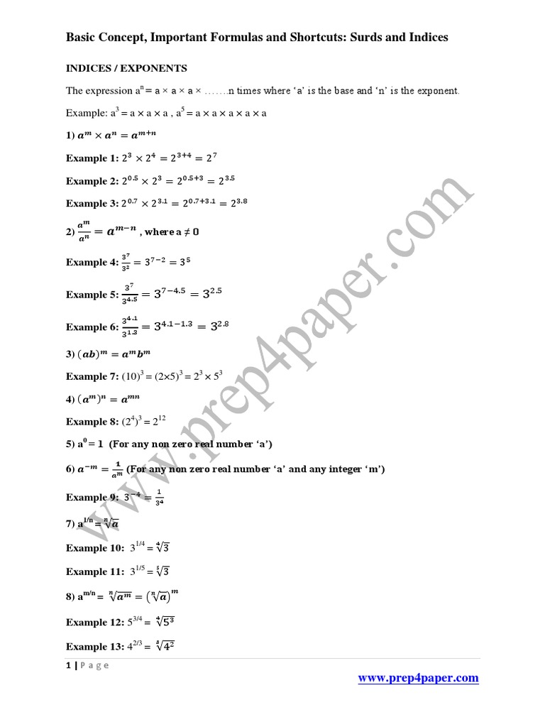 Basic Concept, Important Formulas and Shortcuts: Surds and Indices | PDF | Exponentiation ...