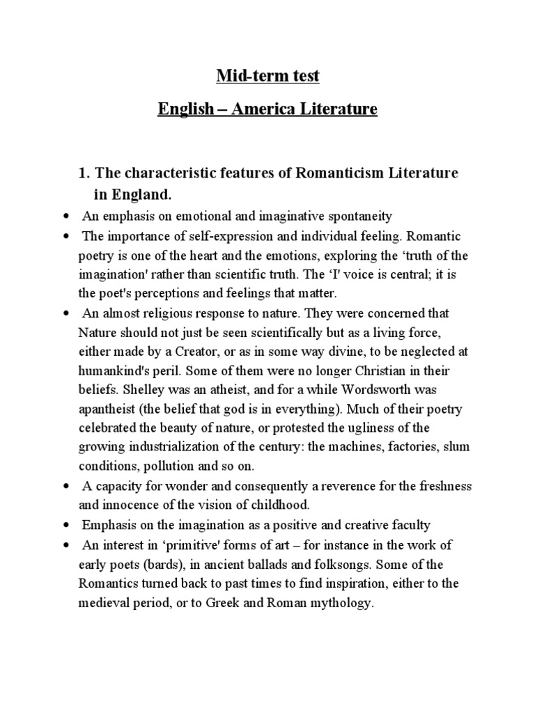 Mid-Term Test English - America Literature: 1. The Characteristic ...
