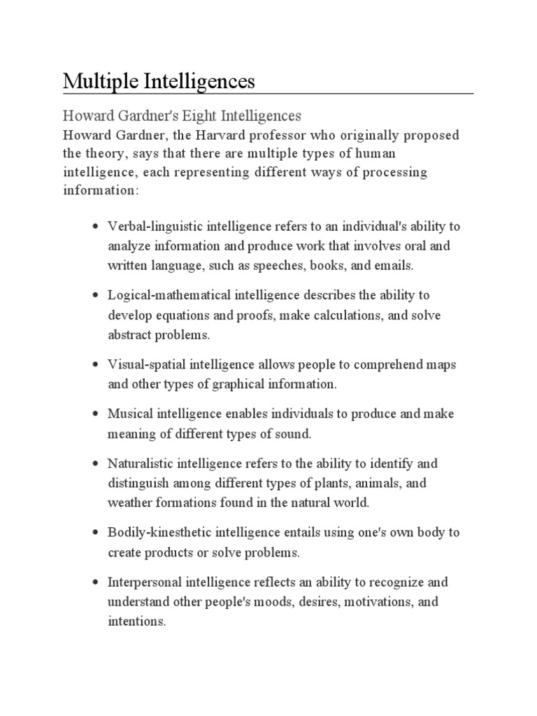 Multiple Intelligences: Howard Gardner's Eight Intelligences | PDF | Intelligence | Learning Styles