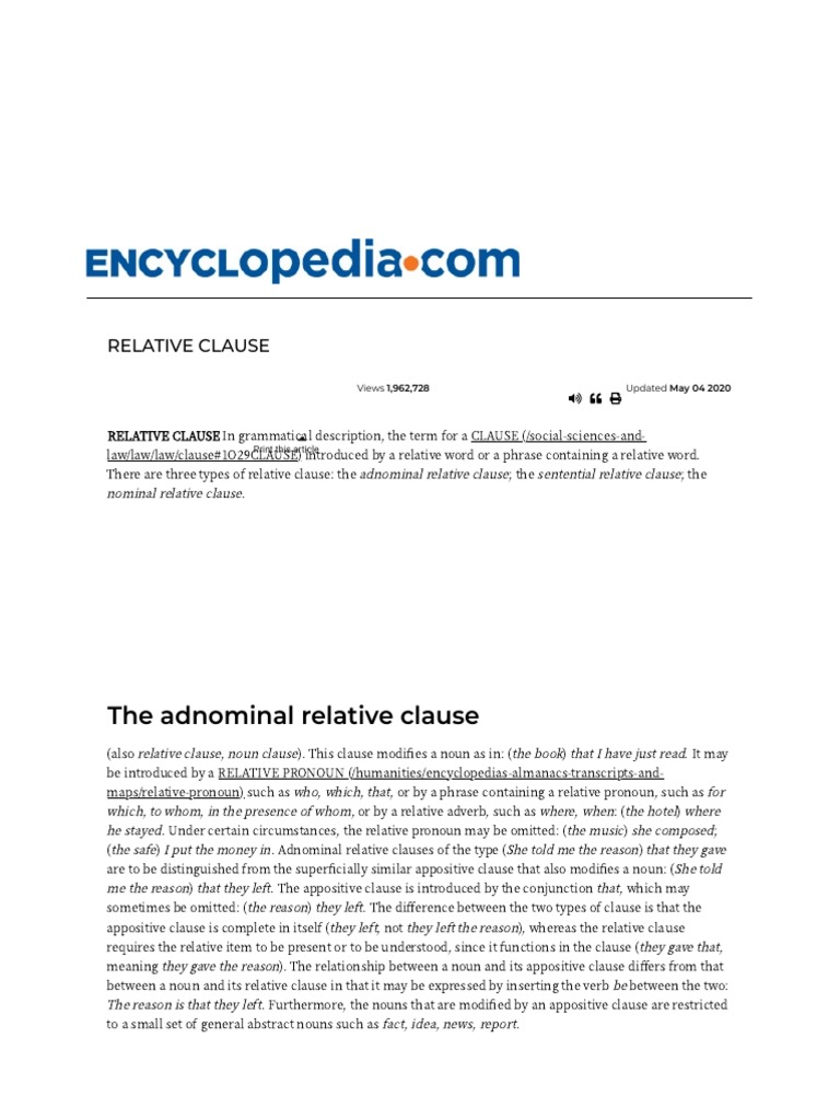 RELATIVE CLAUSE - Encyclopedia - Com (Oxford) PDF | PDF | Clause | Noun
