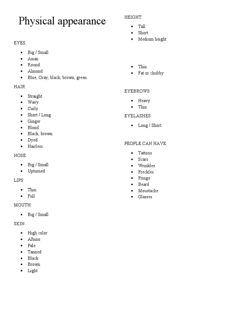 Physical Appearance (Vocabulary) (Annex 1) | PDF | Self-Improvement ...