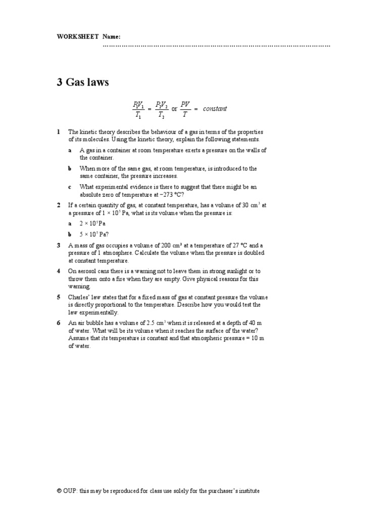 Gas Laws Worksheet and Experiments | PDF | Teaching Methods & Materials ...