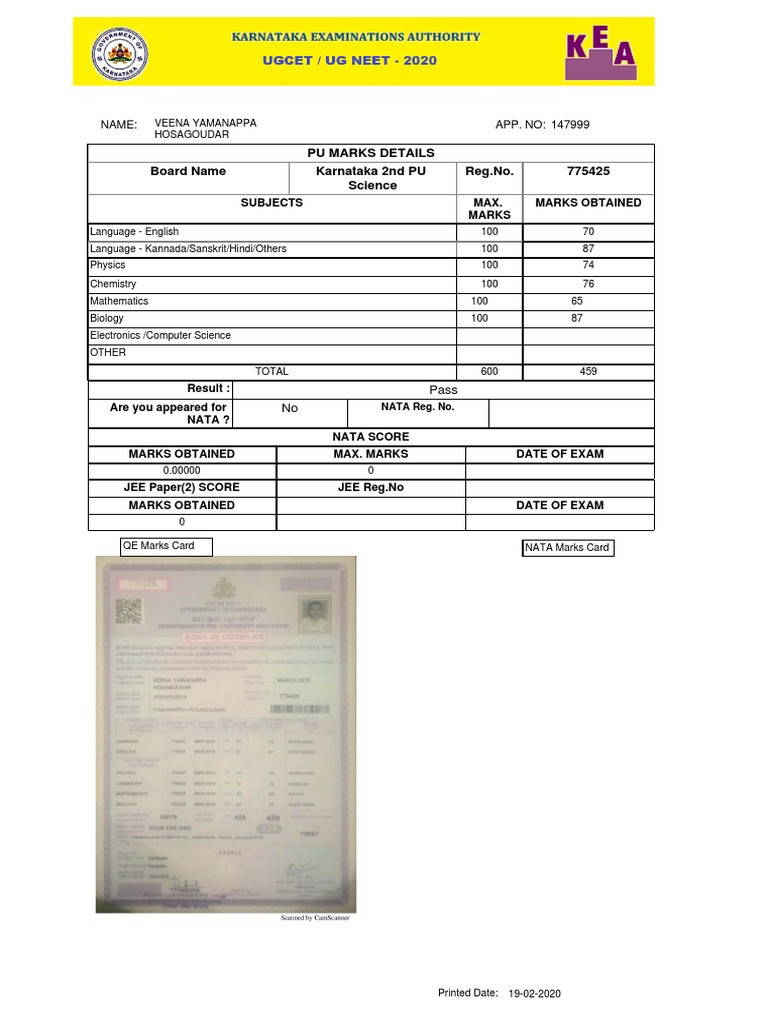 Pu Marks Details Board Name Karnataka 2nd PU Science Reg - No. 775425 | PDF