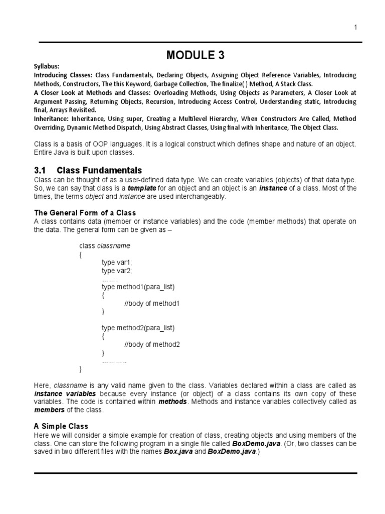 3.1 Class Fundamentals: The General Form of A Class | PDF | Inheritance (Object Oriented ...