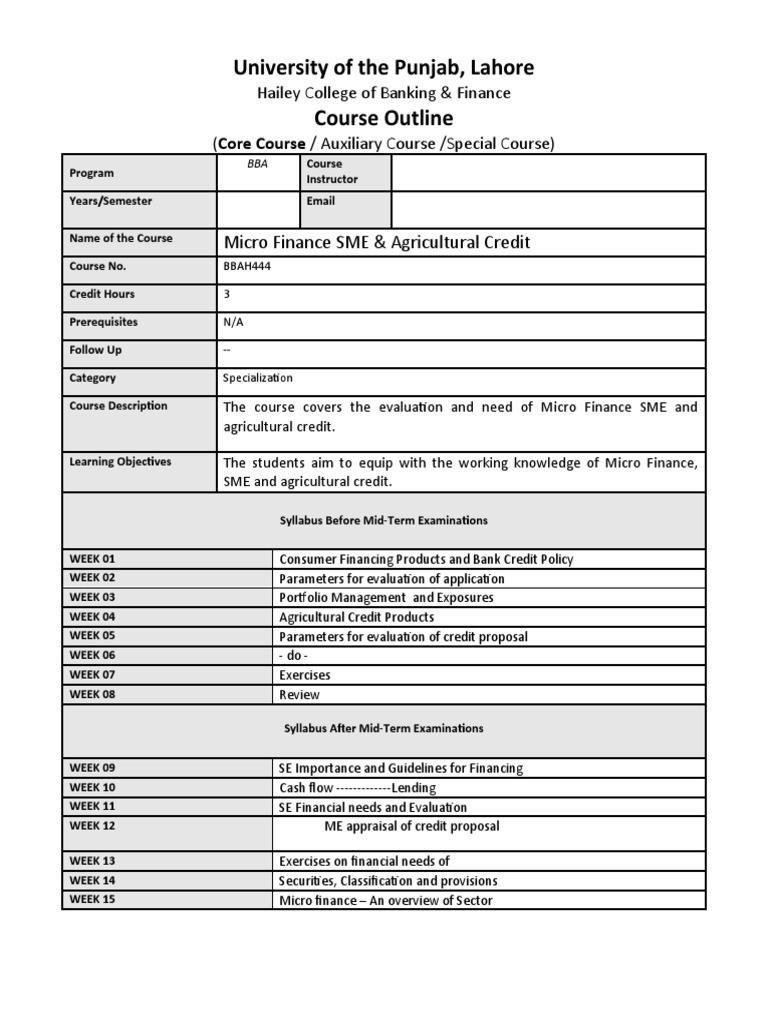 cOURSE OUTLINE Micro Finance SME and Agriculture Credit | PDF | Lecture ...