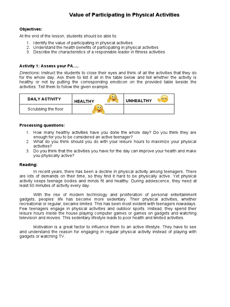 Value of Participating in Physical Activities | PDF | Adolescence ...
