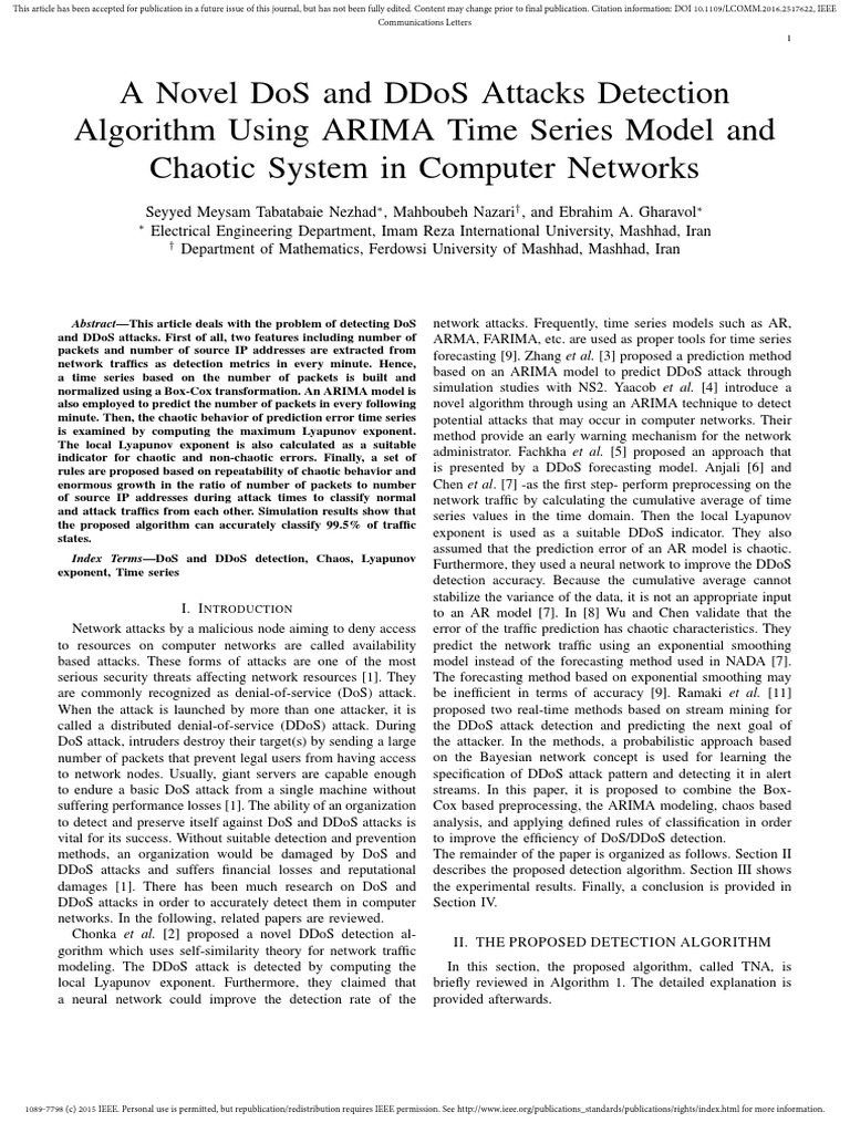 A Novel Dos And Ddos Attacks Detection Algorithm Using Arima Time Series Model And Chaotic