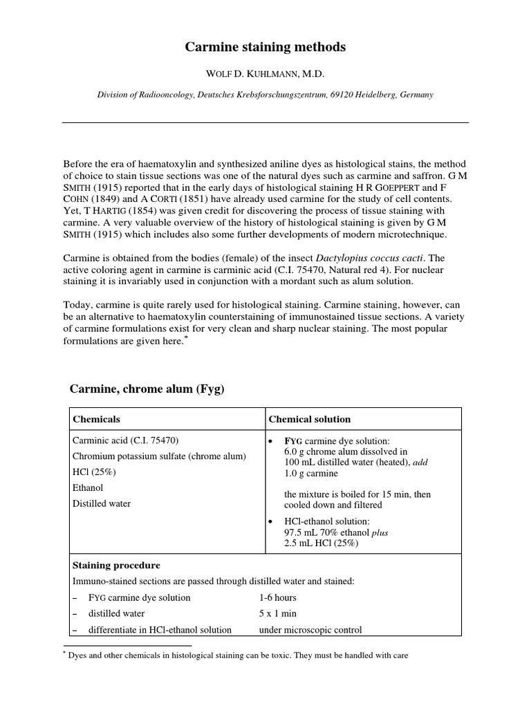 Carmine Staining Methods: Carmine, Chrome Alum (Fyg) | PDF | Staining ...