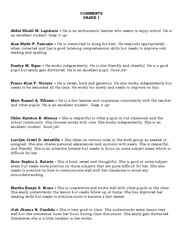 Grade 1 Student Progress Report: Comments on Academic Performance and ...