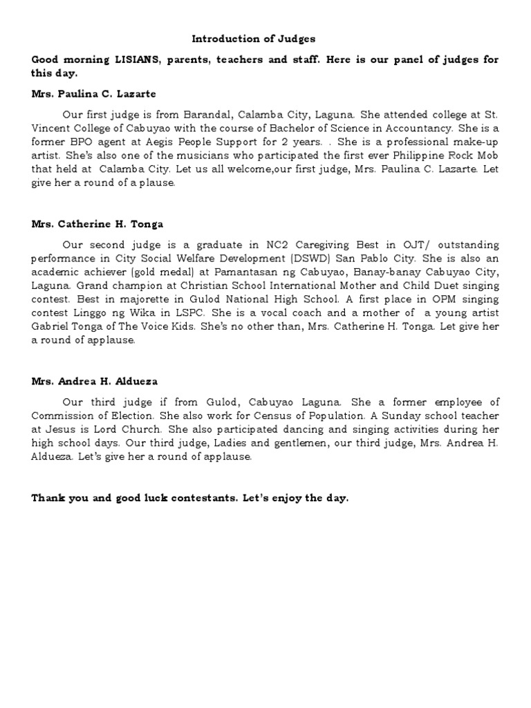 Introduction of Judges Good Morning LISIANS, Parents, Teachers and ...