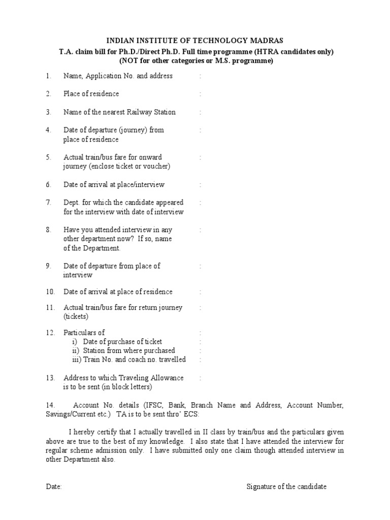 IIT Madras TA Claim Form for PhD Candidates | PDF