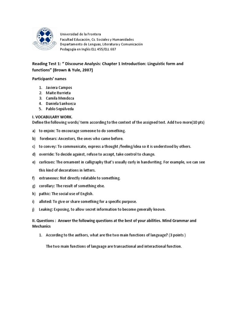 Reading Test 1: " Discourse Analysis: Chapter 1 Introduction ...