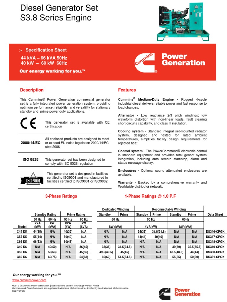 Specification Sheet 44 kVA - 66 kVA 50Hz 40 KW - 60 KW 60Hz | PDF ...