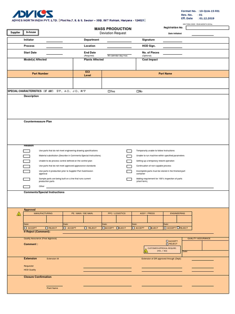 Manufacturing Deviation Request Form | PDF | Quality Assurance ...