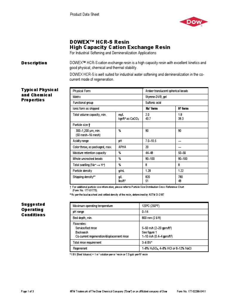 DOWEX™ HCR-S Resin High Capacity Cation Exchange Resin: Description ...