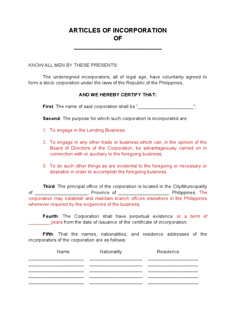 Articles of Incorporation | PDF | Corporations | Stocks