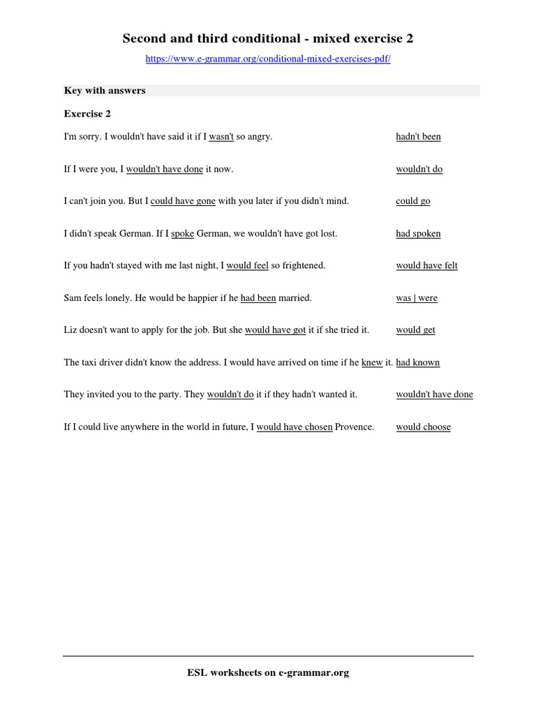 Second and Third Conditional - Mixed Exercise 2: Key With Answers Exercise 2 | PDF | Language ...