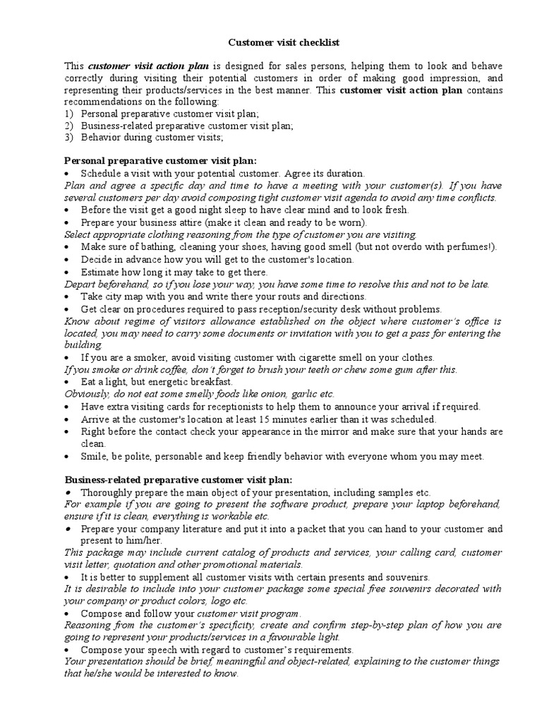 Customer Visit Action Plan Checklist | PDF