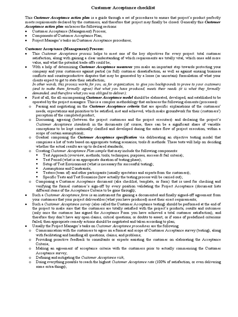 Customer Acceptance Checklist | PDF | Customer | Cognition