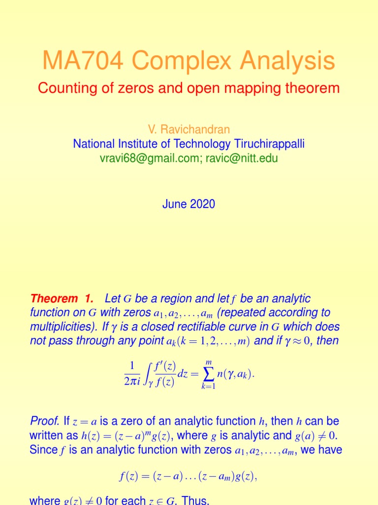 Ma704 Complex Analysis Counting Of Zeros And Open Mapping Theorem Pdf Complex Analysis