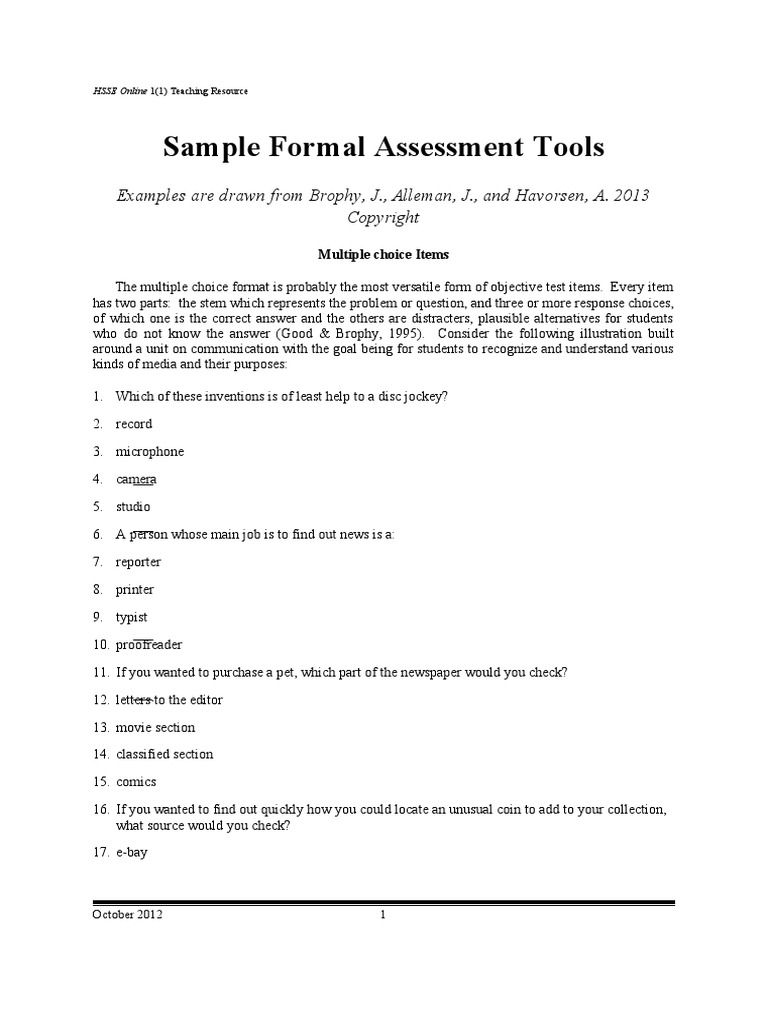 Sample Formal Assessment Tools: Examples Are Drawn From Brophy, J ...