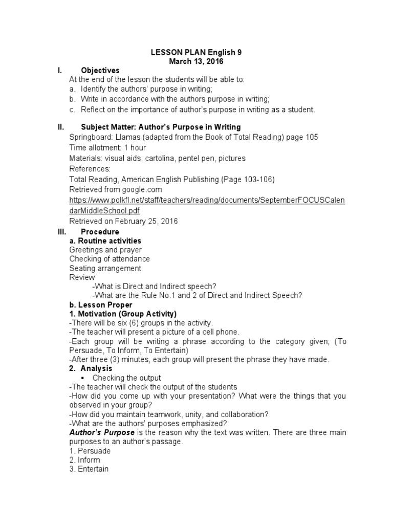 Lesson Plan (Authors' Purpose in Writing) | PDF | Twilight (Novel ...