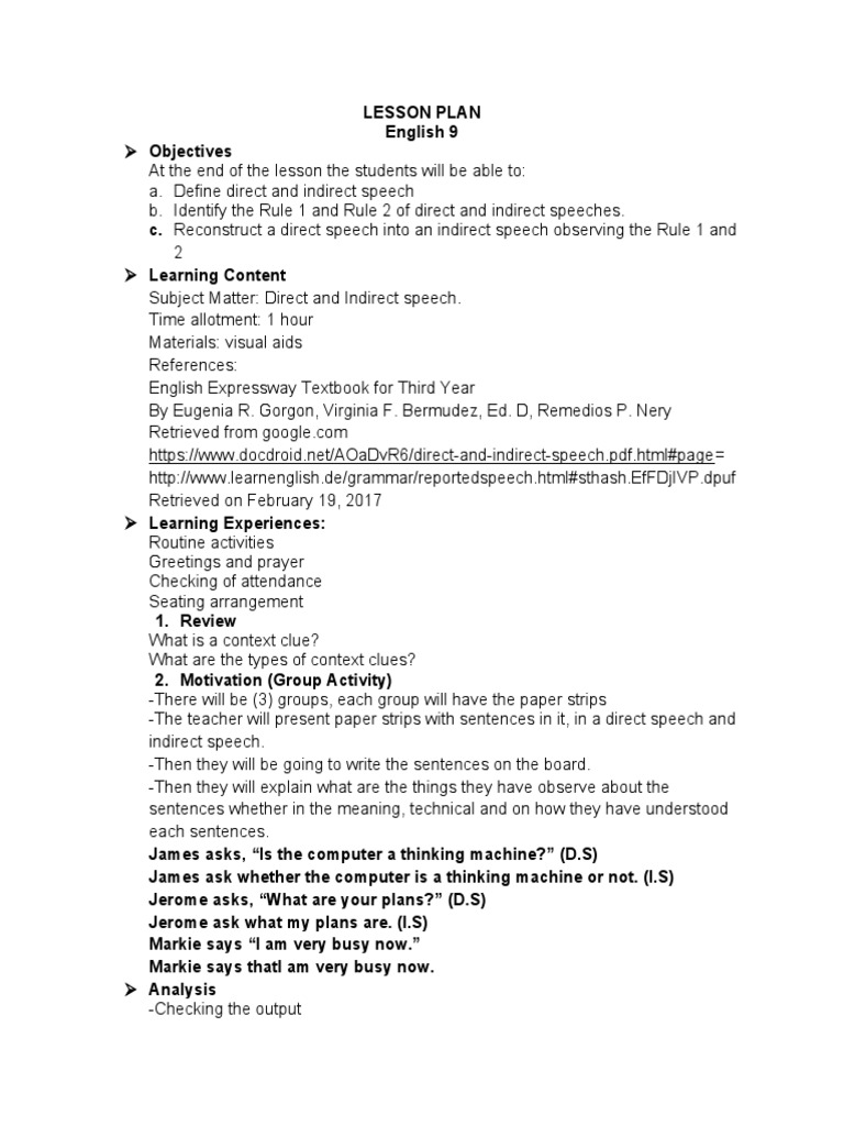 LESSON PLAN (Direct and Indirect Speech Rule 1 & 2) | PDF | Question ...