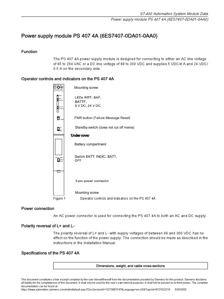 S7-400 Automation System Module Data - Power Supply Module PS 407 4A ...