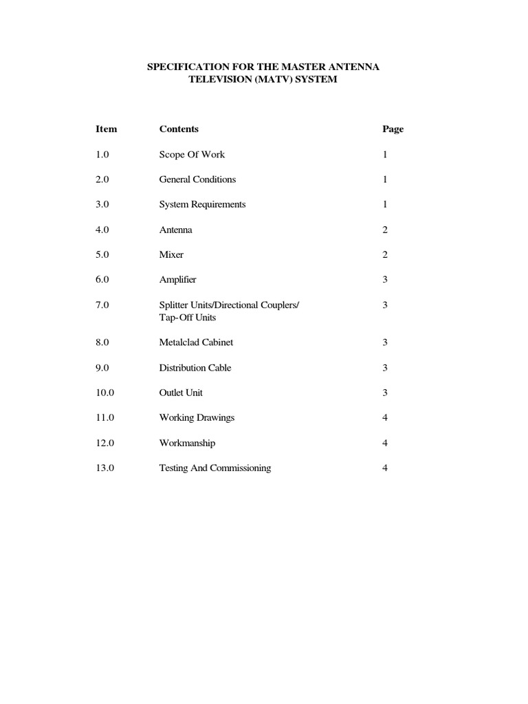 MATV System Specification Document | PDF | Amplifier | Antenna (Radio)