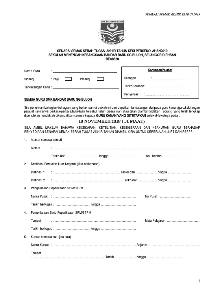 Senarai Semak Tugas Guru Akhir Tahun SMKBBSB | PDF