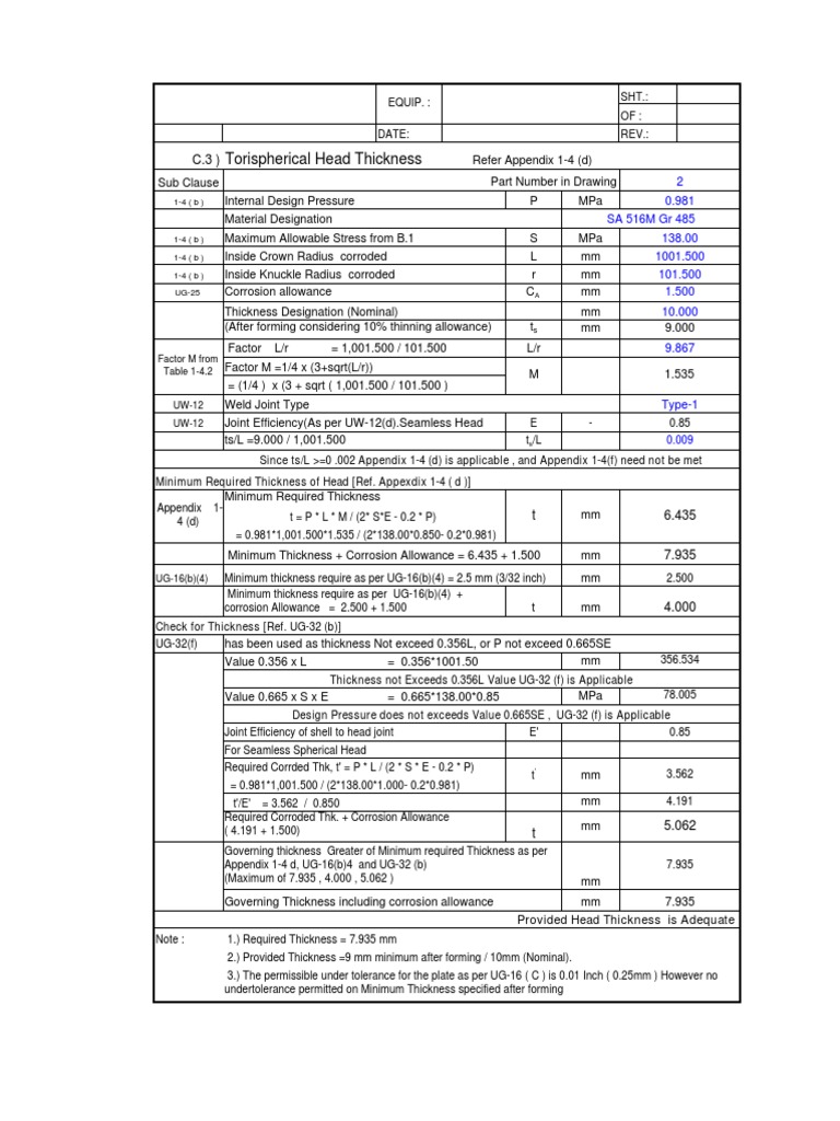 Torispherical Head Thickness: Refer Appendix 1-4 (D) | PDF | Civil Engineering | Building Materials