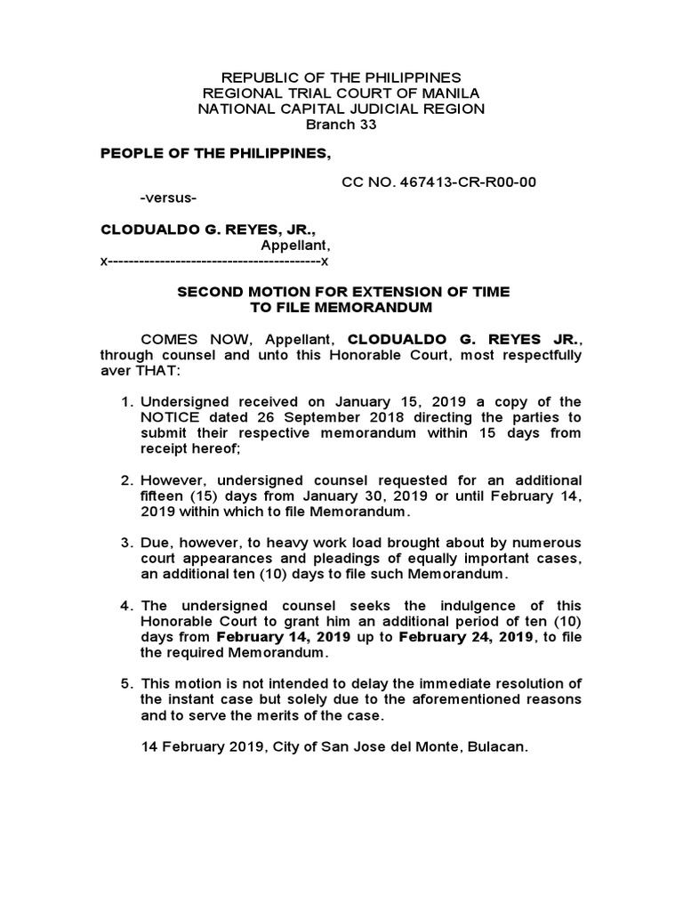Second Motion - For.extension - Clodualdoreyes | PDF | Separation Of Powers | Judiciaries