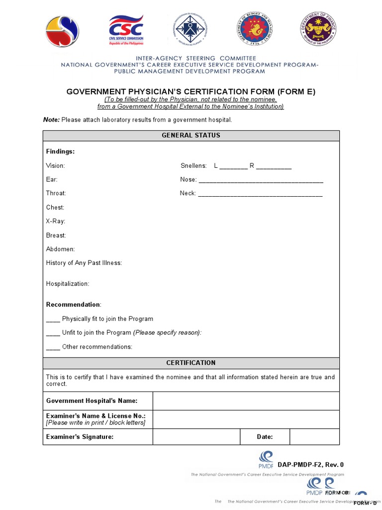 DAP PMDP Form E Physician Certification Form | PDF