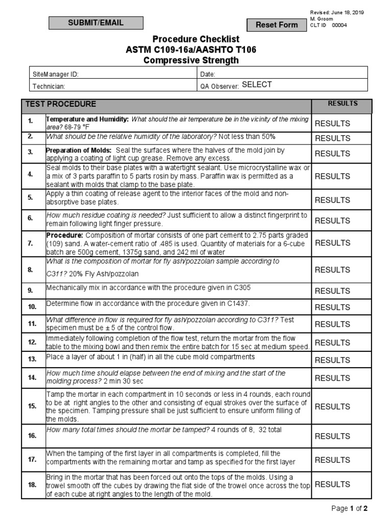 Procedure Checklist ASTM C109-16a/AASHTO T106 Compressive Strength ...