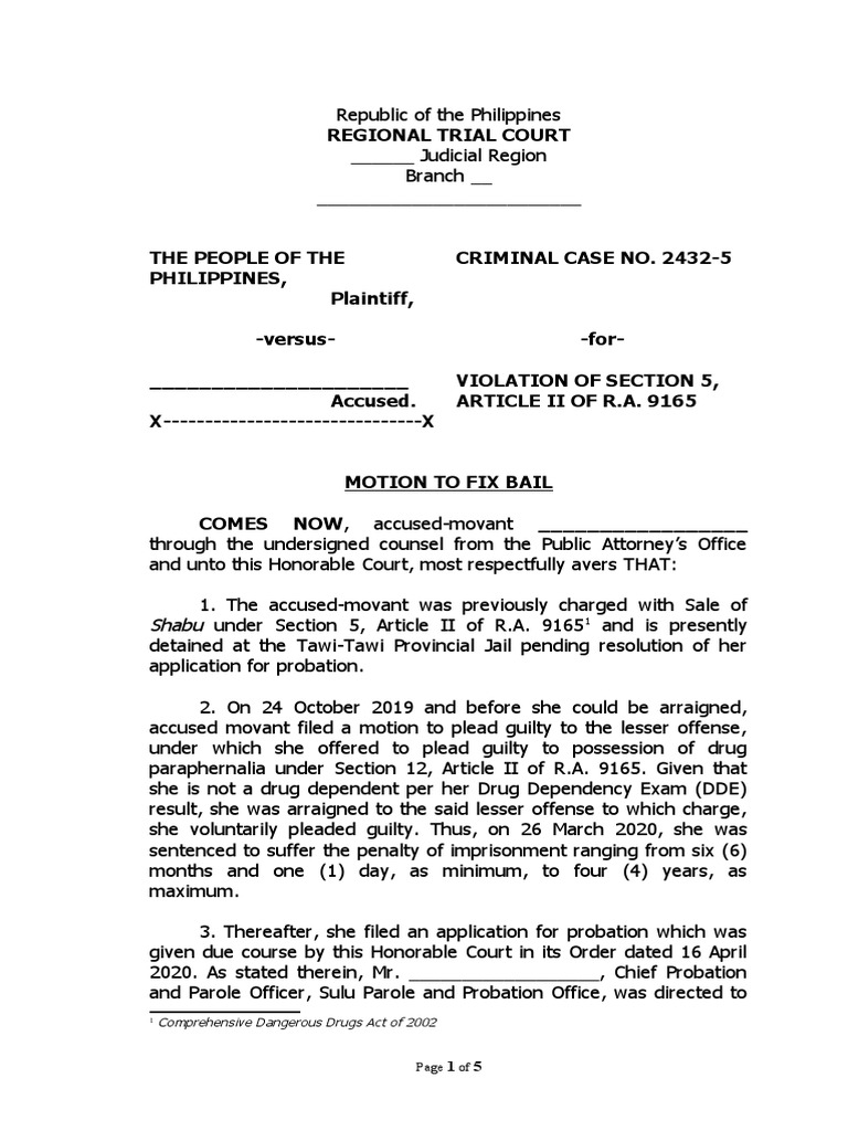 Motion To Fix Bail | PDF | Bail | Probation