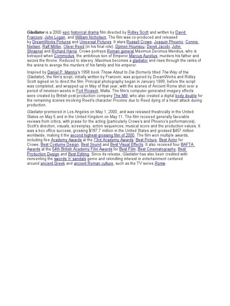 Gladiator Is A 2000: Gladiator), The Film'S Script, Initially Written ...